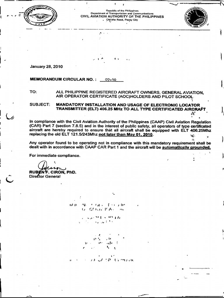 MC 07-10 Mandatory Installation and Usage of ELT 406.25 MHZ To All Type ...