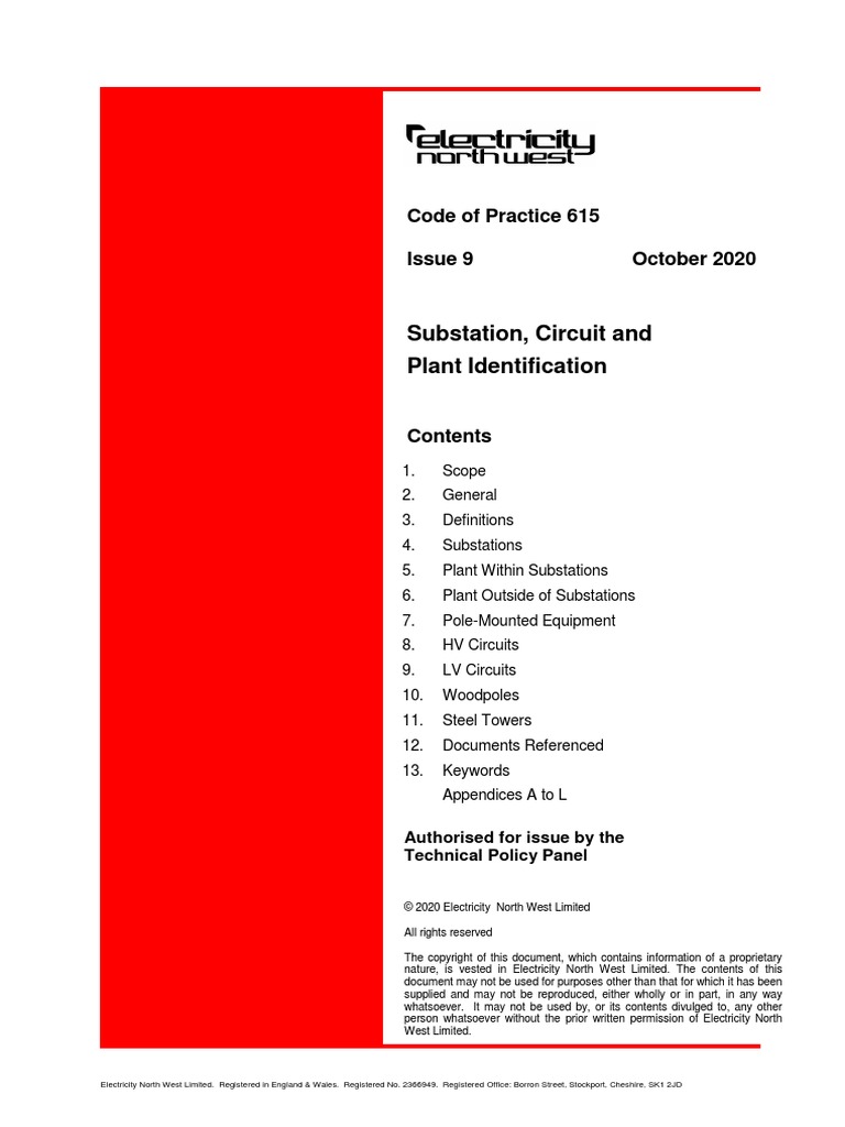 Substation, Circuit and Plant Identification: Code of Practice 615 ...