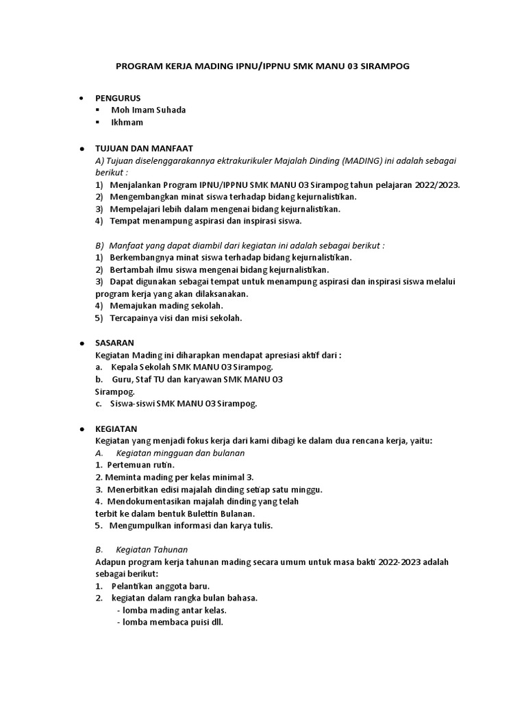 Program Kerja Mading Ipnu - Ippnu | PDF