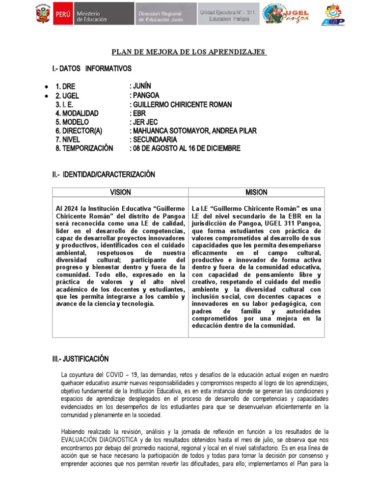 Editado Plan de Mejora de Los Aprendizajes | PDF | Evaluación | Aprendizaje