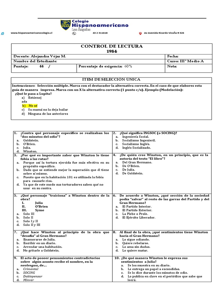 Control de Lectura 1984 | PDF | Facebook