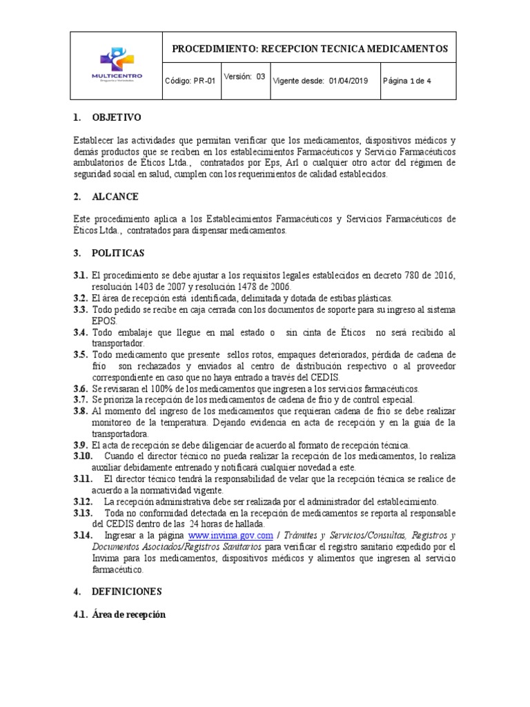 PR-01 Procedimiento de Recepcion Tecnica | PDF | Medicamentos con receta | Farmacéutico