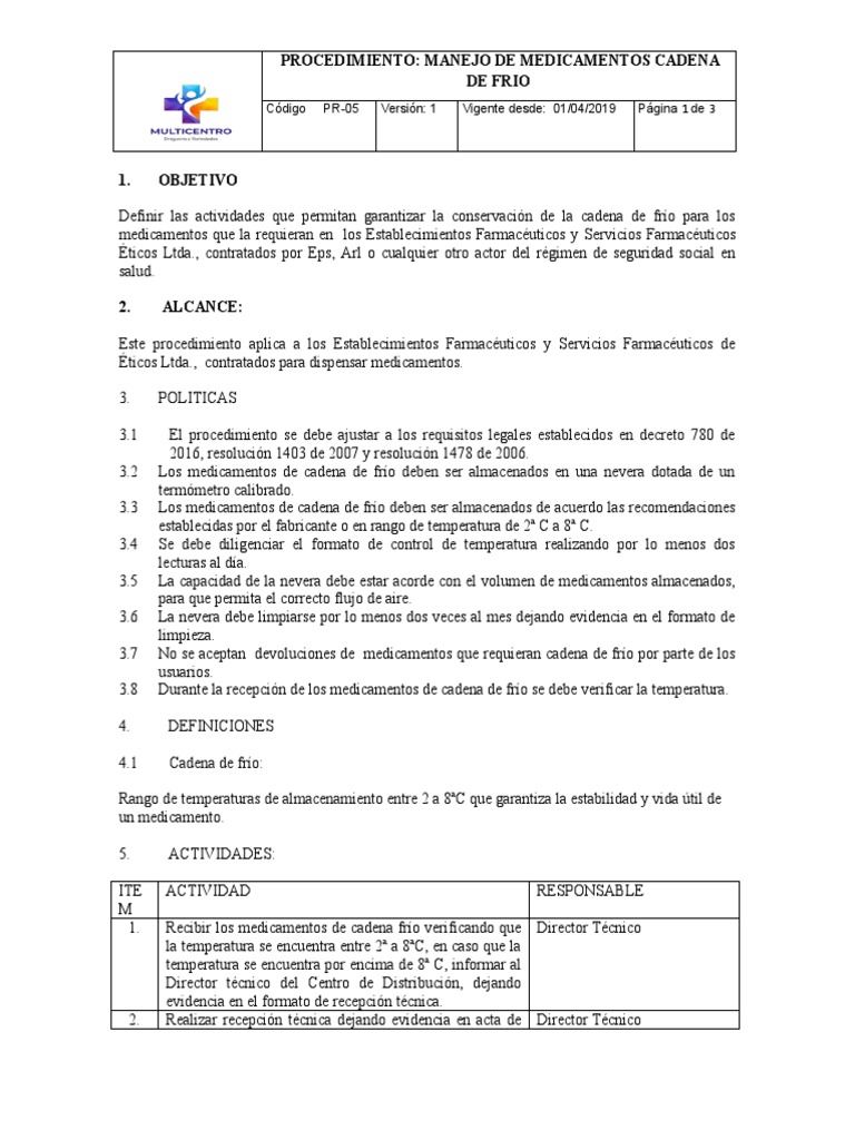 PR-05 Procedimiento de Manejo Medicamentos Cadena Frio | PDF | Medicamentos con receta ...