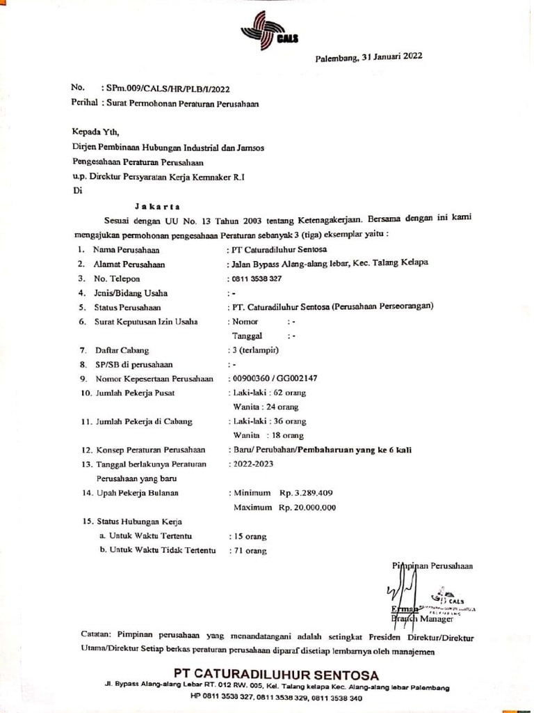 Surat Permohonan Pengesahan PP PT Cals Palembang | PDF Surat Permohonan Pengesahan PP PT Cals Palembang | PDF