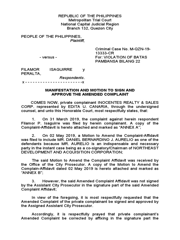 Manifestation To Sign Amended Complaint (MeTC 132) | PDF | Complaint ...