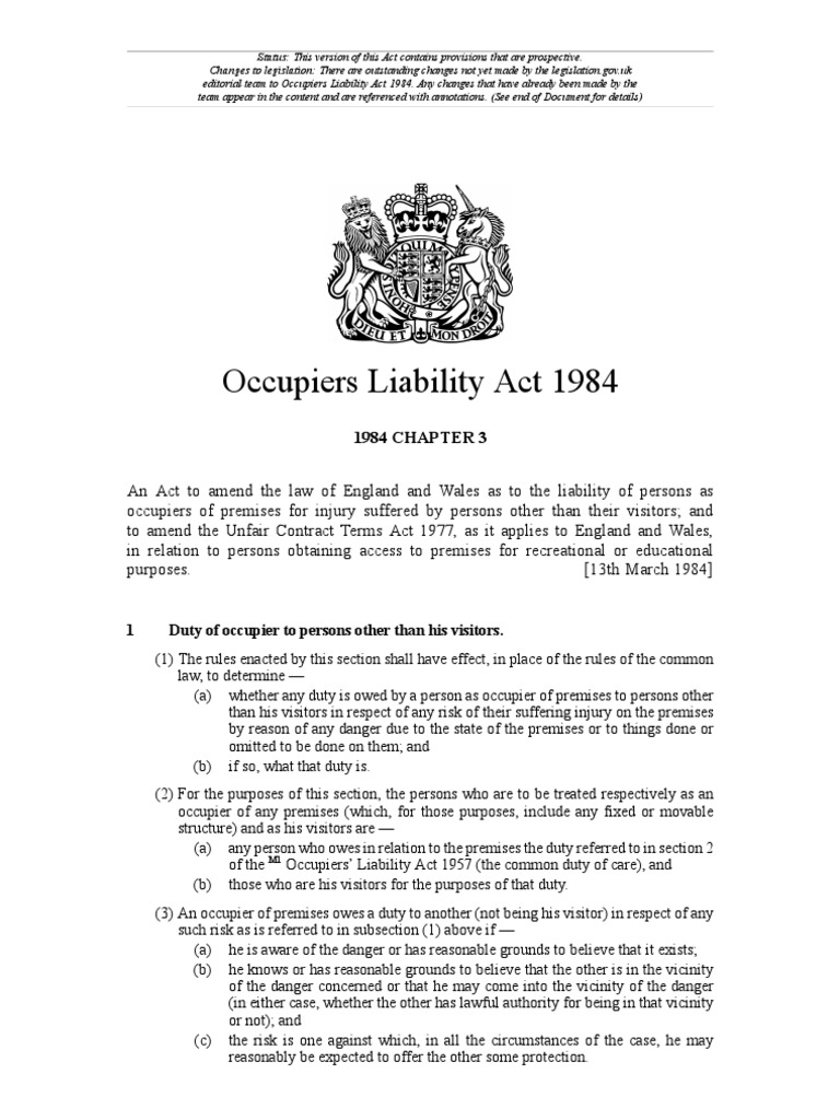 Occupiers Liability 1984 | PDF | Duty Of Care | Civil Law (Legal System)
