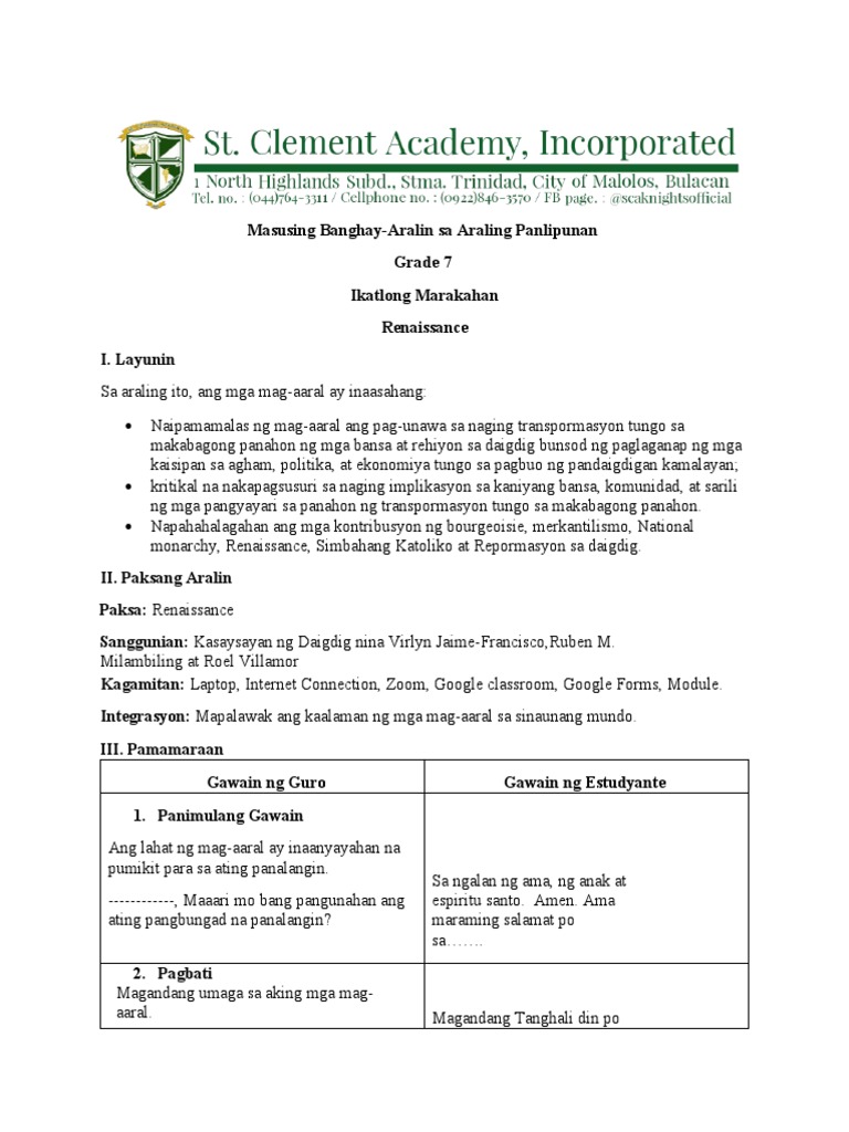 Grade 8 Renaissance DLP | PDF