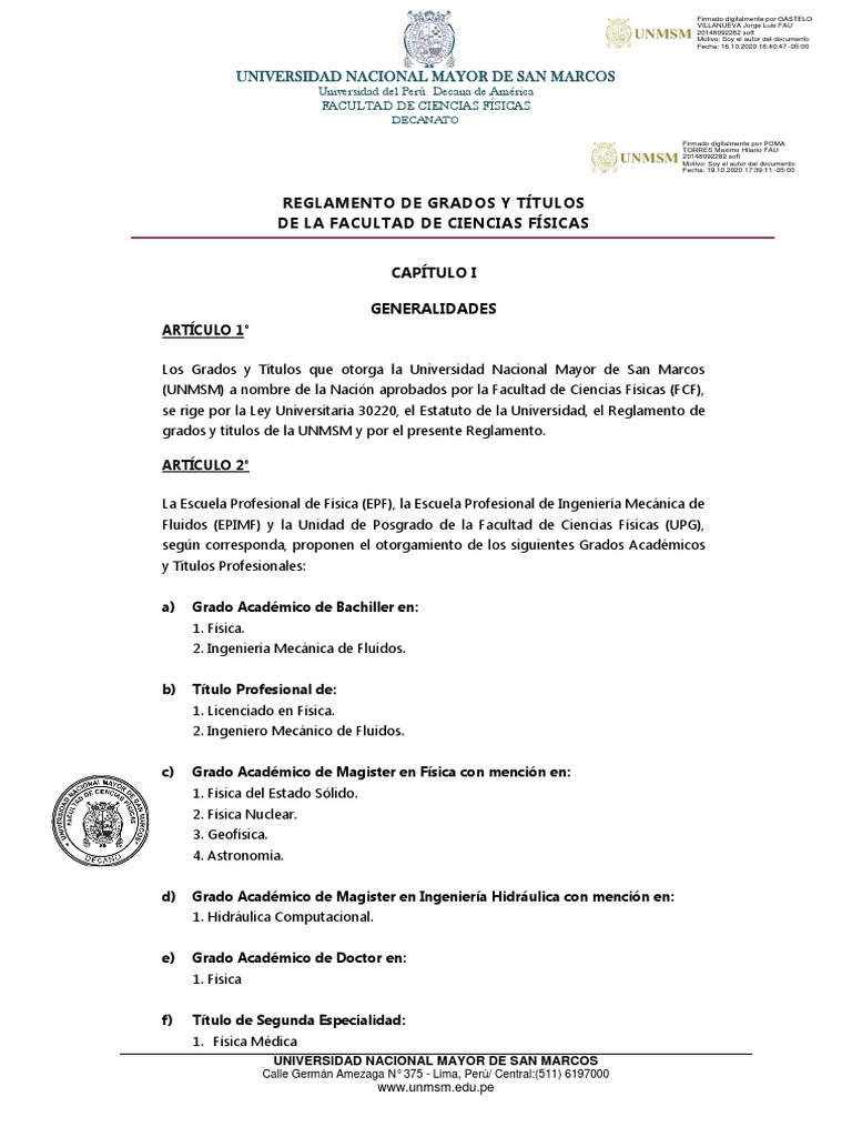 Reglamento de Grados y Titulos de La Facultad de Ciencias Físicas Firmadas Valido | PDF ...