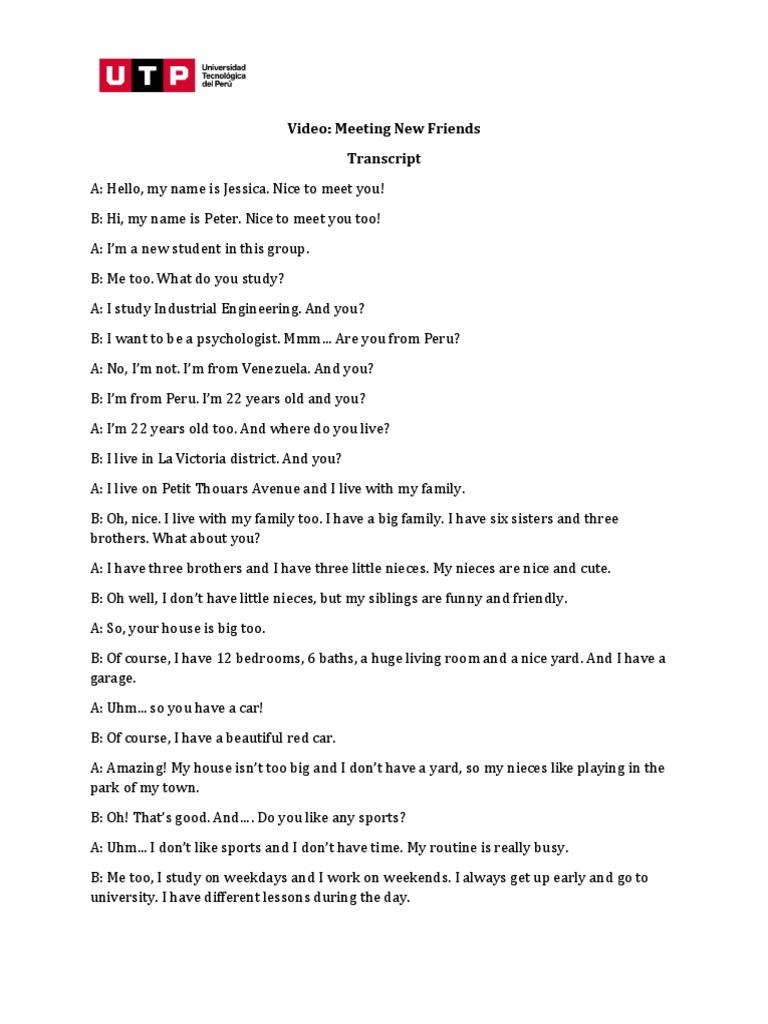 Week 1 - Transcript - Meeting New Friends | PDF | Home & Garden | Art