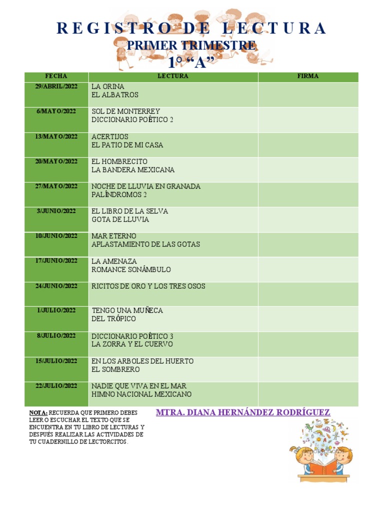 Registro de Lectura 1° "A": Primer Trimestre | PDF