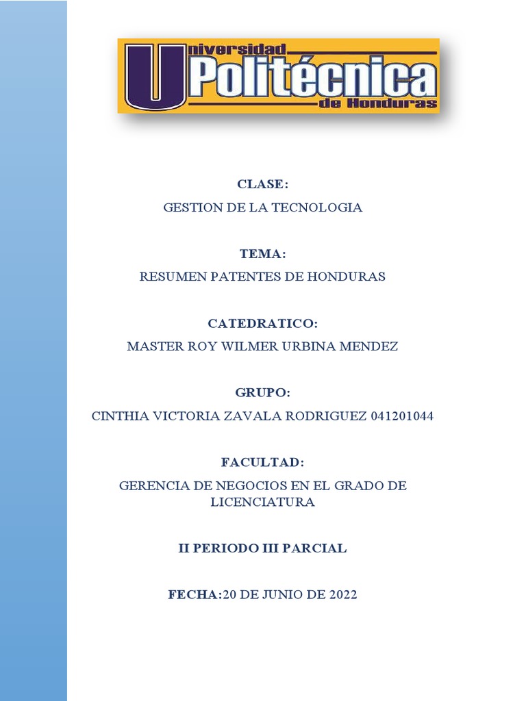 Informe Patentes de Honduras | PDF | Patentar | Propiedad intelectual