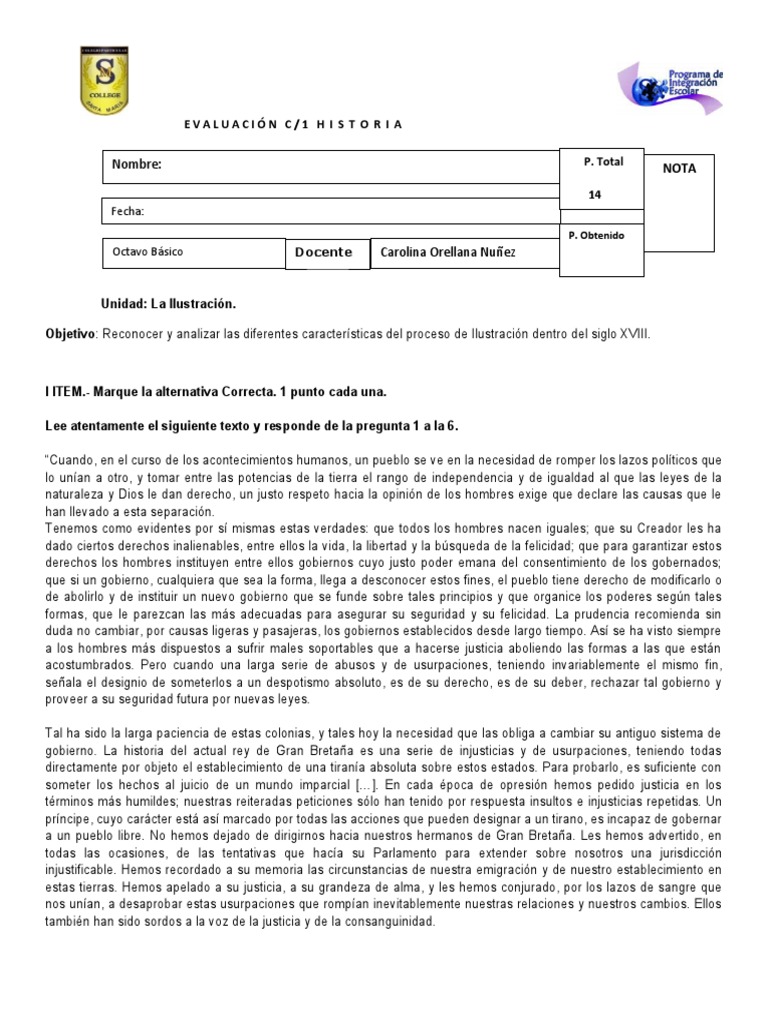 Jose Tomas Venegas Lopez - Evaluación N° 7 8°básico Ilustración | PDF | Declaración de ...