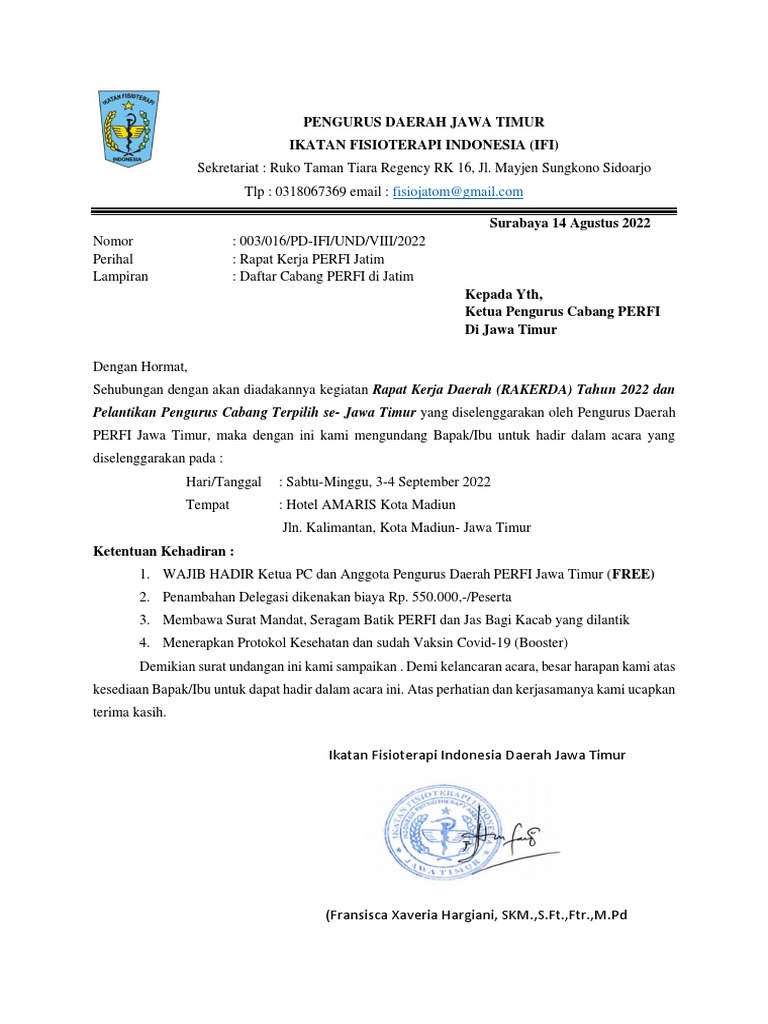 Rakerda PERFI Jatim 2022: Undangan & Acara | PDF