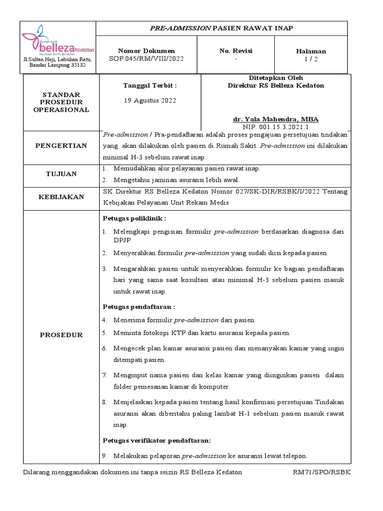 045.sop Pre-Admission Rawat Inap | PDF