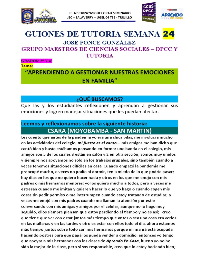 GUIÓN TUT. 3° Y 4° Semana 24 | PDF | Las emociones | Empatía