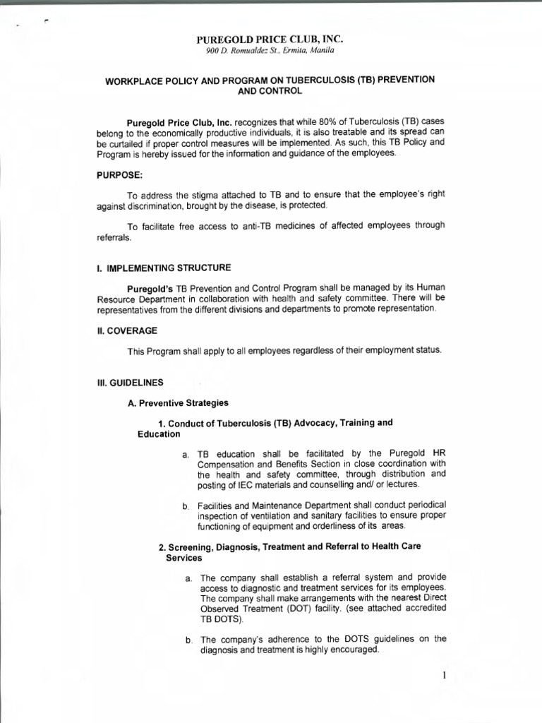 Workplace Policy & Program On Tuberculosis (TB) Prevention & Control | PDF