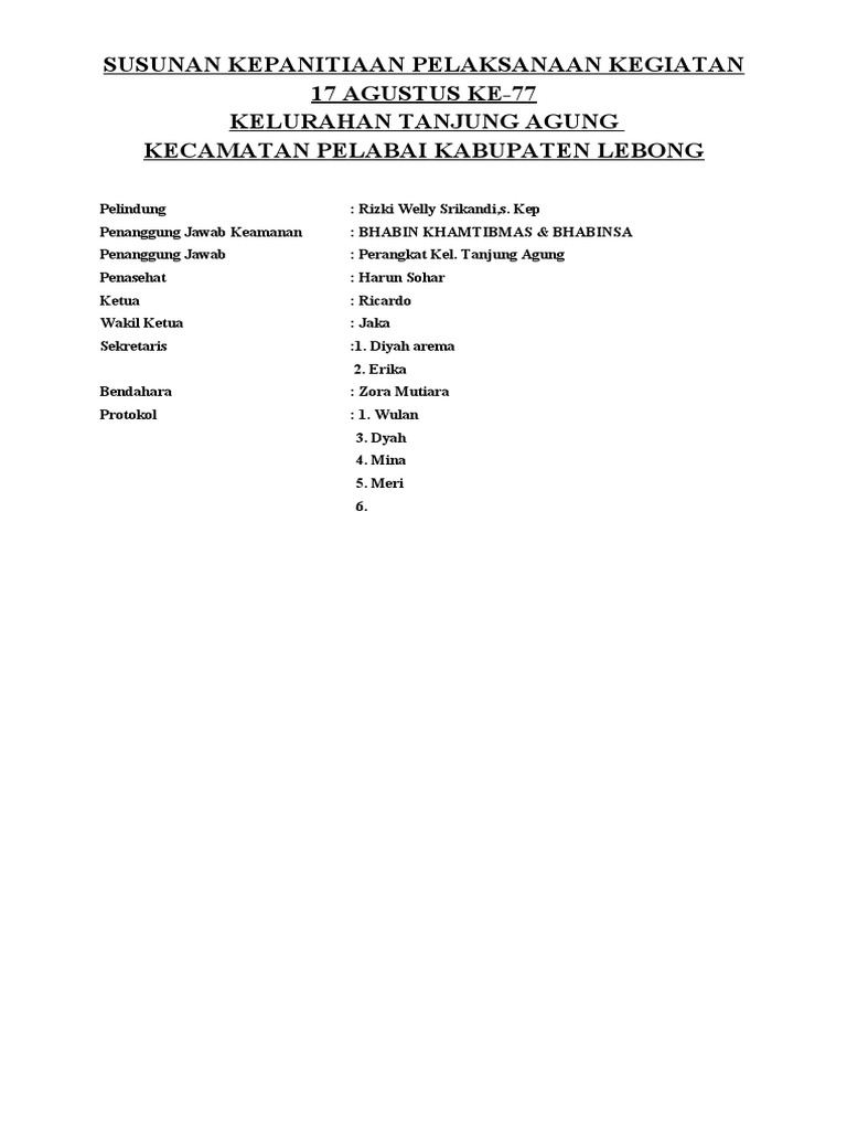 Susunan Kepanitiaan Pelaksanaan Kegiatan 17 Agustus Ke 77 Pdf