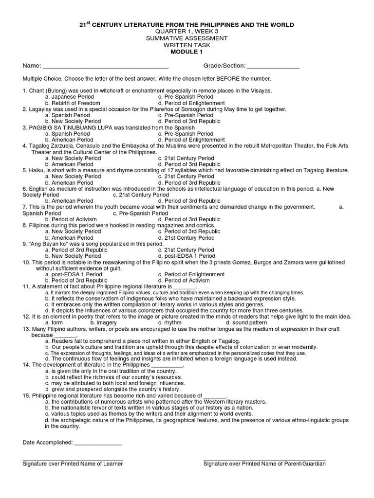 21 Century Literature From The Philippines and The World: Quarter 1, Week 3 Summative Assessment ...