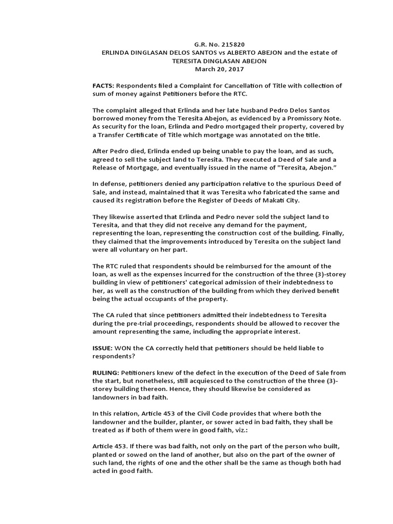 Delos Santos v. Abejon: Title Cancellation Case | PDF | Loans ...