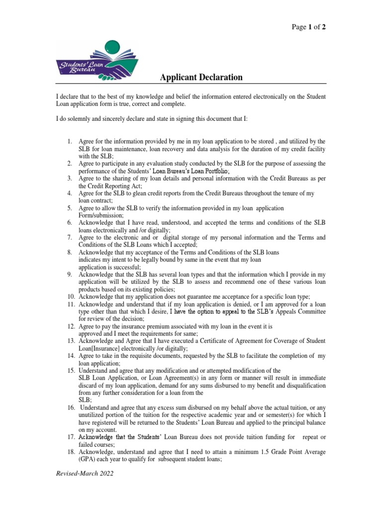 Student Loan Application Declaration | PDF | Loans | Credit Bureau