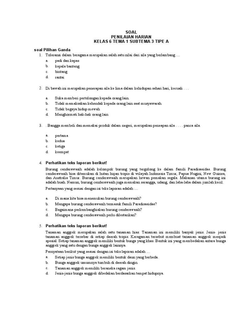Soal, Jawaban & Kisi-Kisi PH Kelas 6 SD Tema 1 Sub Tema 3 Tipe A & B Tahun 2021-2022 | PDF ...