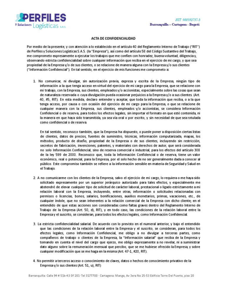 Acta Confidencialidad para Empleados - Nueva Contratacion Firmado | PDF ...