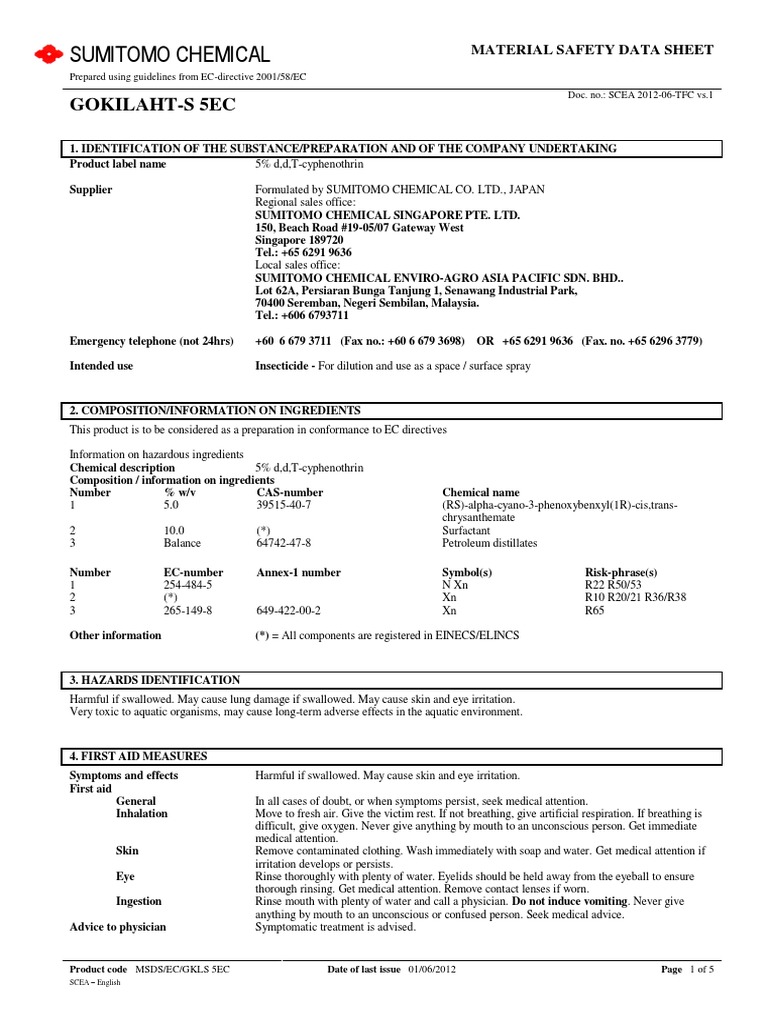 Summarizing a Material Safety Data Sheet for an Insecticide Containing 5% d,d-T-cyphenothrin ...