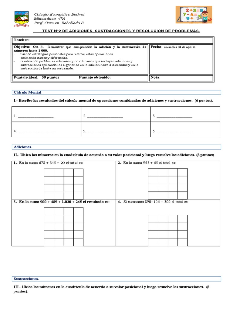 Test N°2 Adiciones y Sustracciones - 31 Agosto. | PDF | Sustracción ...