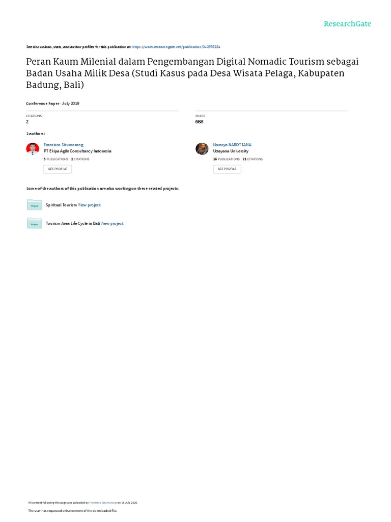 Peran Kaum Milenial Dalam Pengembangan Digital Nomadic Tourism Sebagai Badan Usaha Milik Desa | PDF