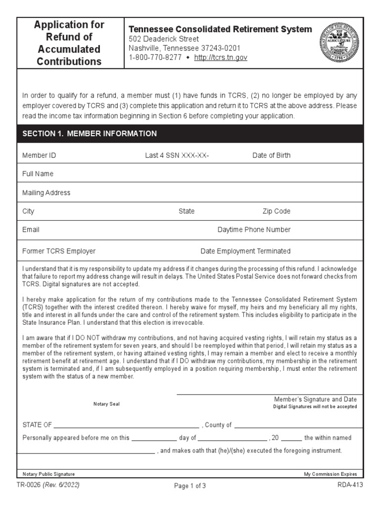 TCRS Refund Application | PDF | Individual Retirement Account ...