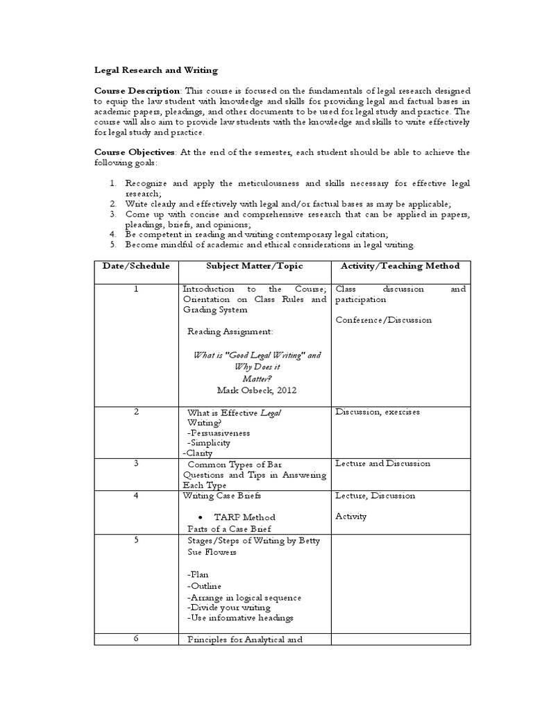 M117 Mendoza Legal Research and Writing Course Syllabus For AY 2022 ...