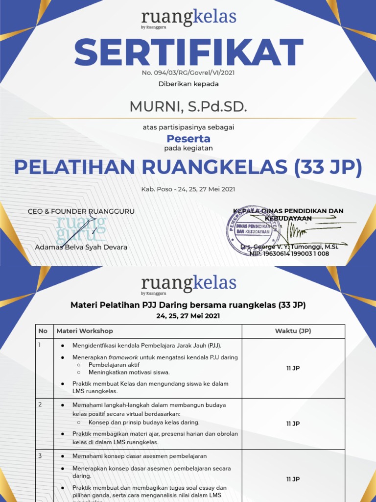 Sertifikat Pelatihan - MURNI, S.PD - SD. | PDF