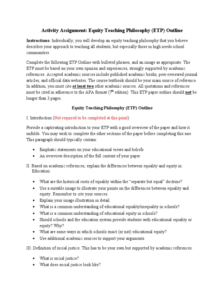 Equity Teaching Philosophy Outline Instructions | PDF | Experience | Social Justice