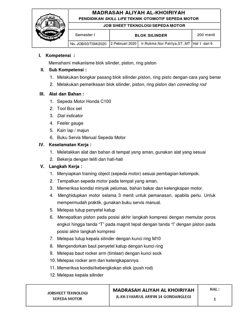 Job Sheet Blok Silinder Sepeda Motor | PDF