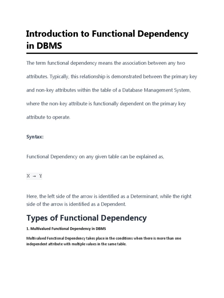 Introduction To Functional Dependency In Dbms Pdf Databases Computing 6761