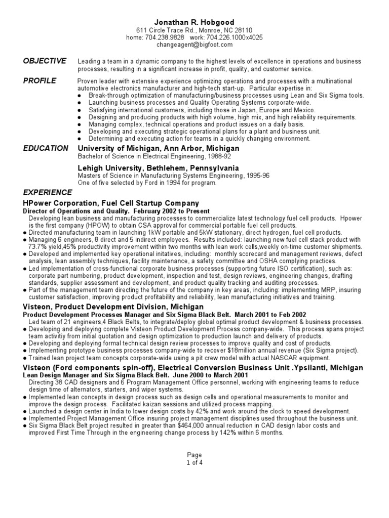 ! Jon Hobgood Change Agent Lean Ops Resume | PDF | Lean Manufacturing | Business Process