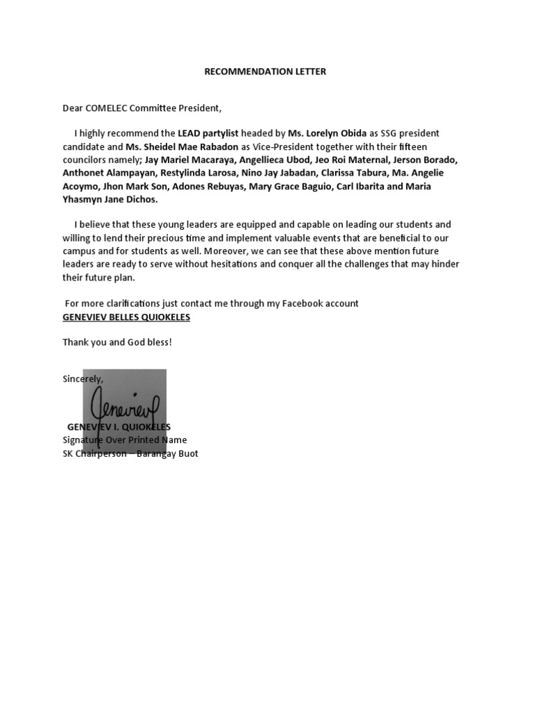 Recommendation Letter Brgy. Officials | PDF