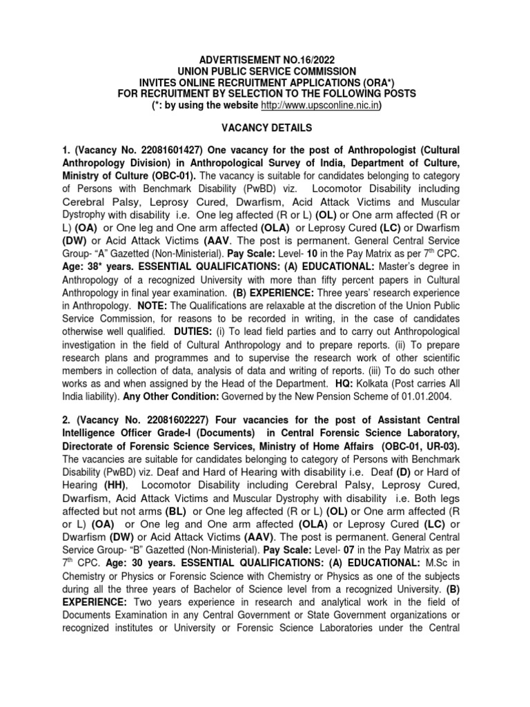 Advt No 16 2022 Engl 260822 - 0 | PDF | Disability | Forensic Science