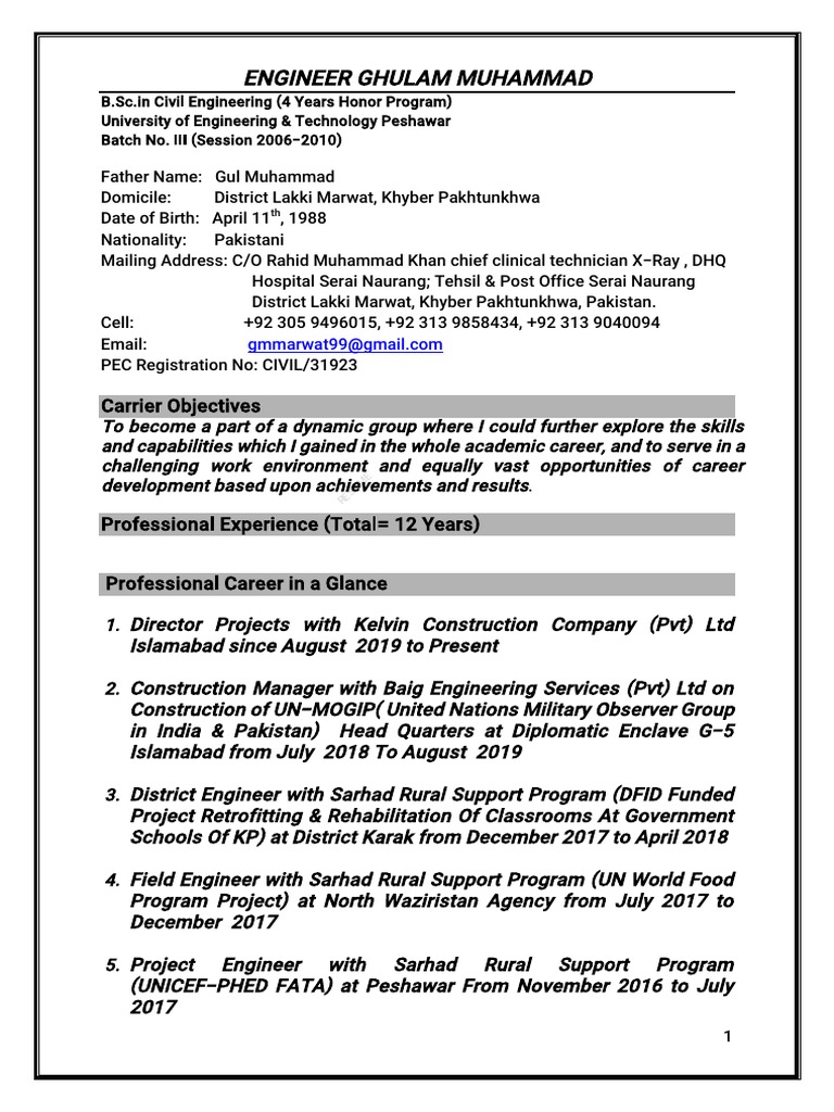Resume of Engr. Ghulam Muhammad | PDF | Khyber Pakhtunkhwa | Federally ...