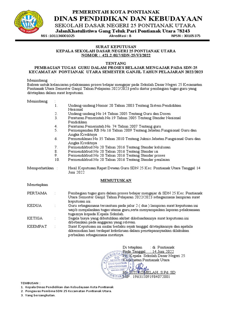 SK Pembagian Tugas 2022-2023 | PDF