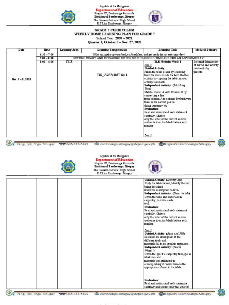 TLE 7 Weekly Home Learning Plan | PDF | Behavior Modification | Cognition