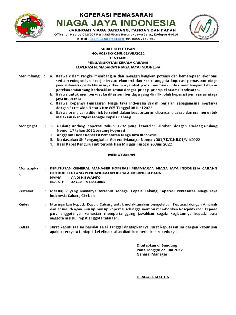 Contoh SK Pengangkatan Kepala Cabang | PDF