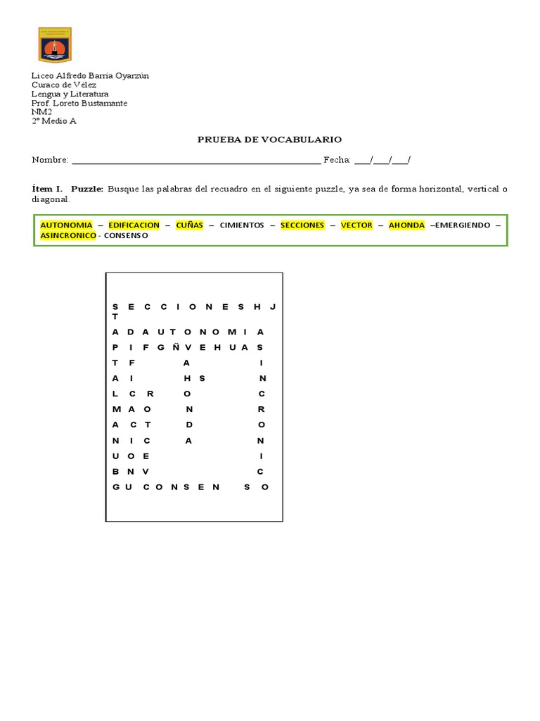 Prueba Vocabulario | PDF
