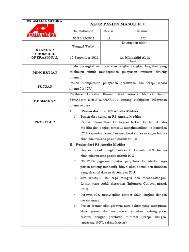 Alur Masuk Pasien ICU RS Amalia Medika | PDF