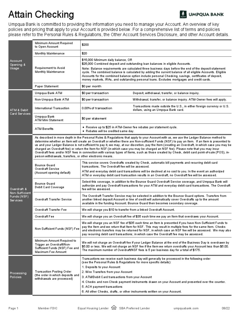 Umpqua Bank Attain Checking Overview | PDF | Overdraft | Transaction ...