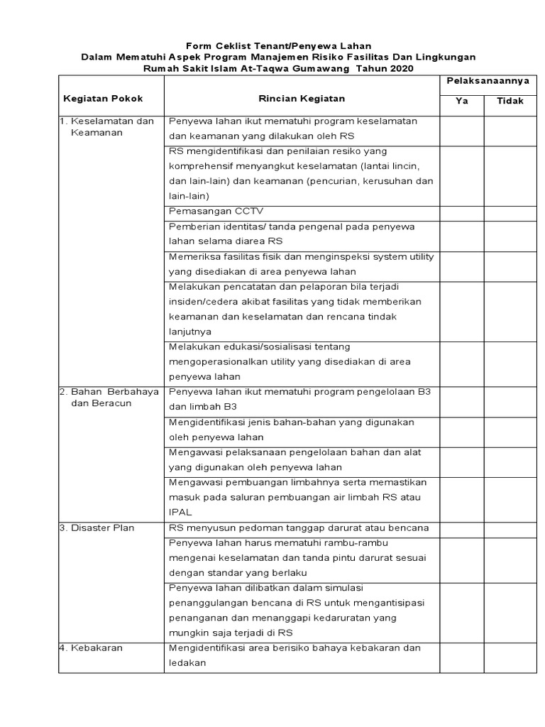 Form Ceklist Tenant | PDF