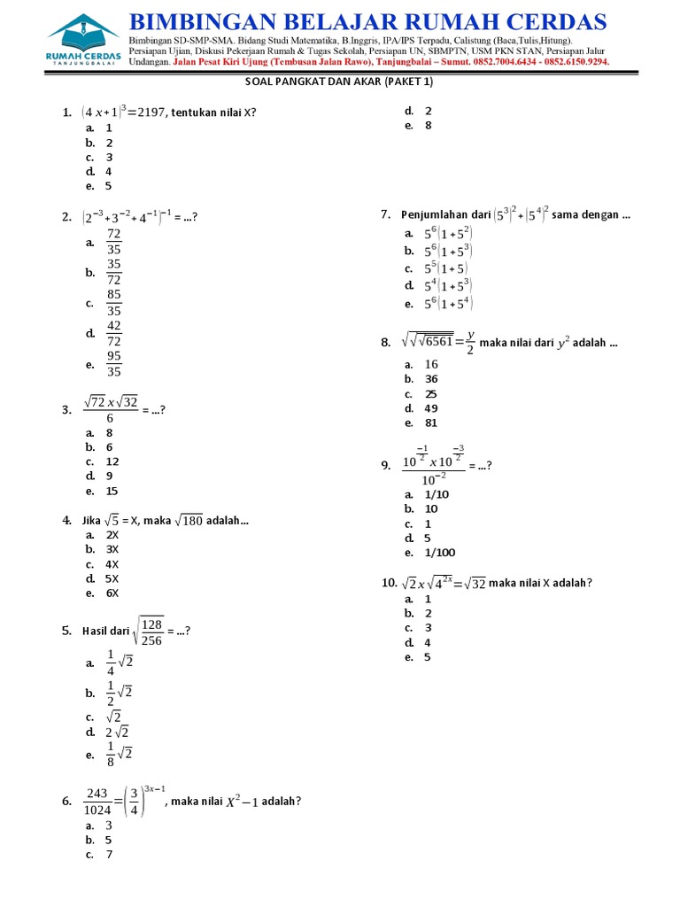Soal Pangkat Dan Akar SMP Kelas 9 | PDF