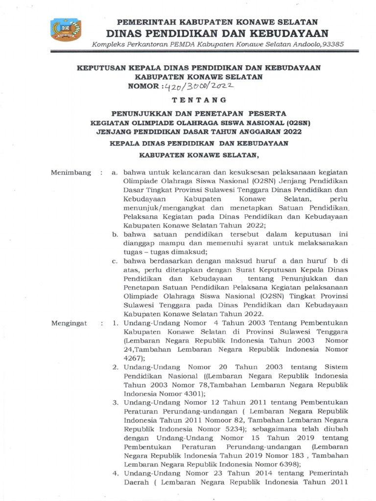 SK Penetapan Peserta O2SN SD | PDF