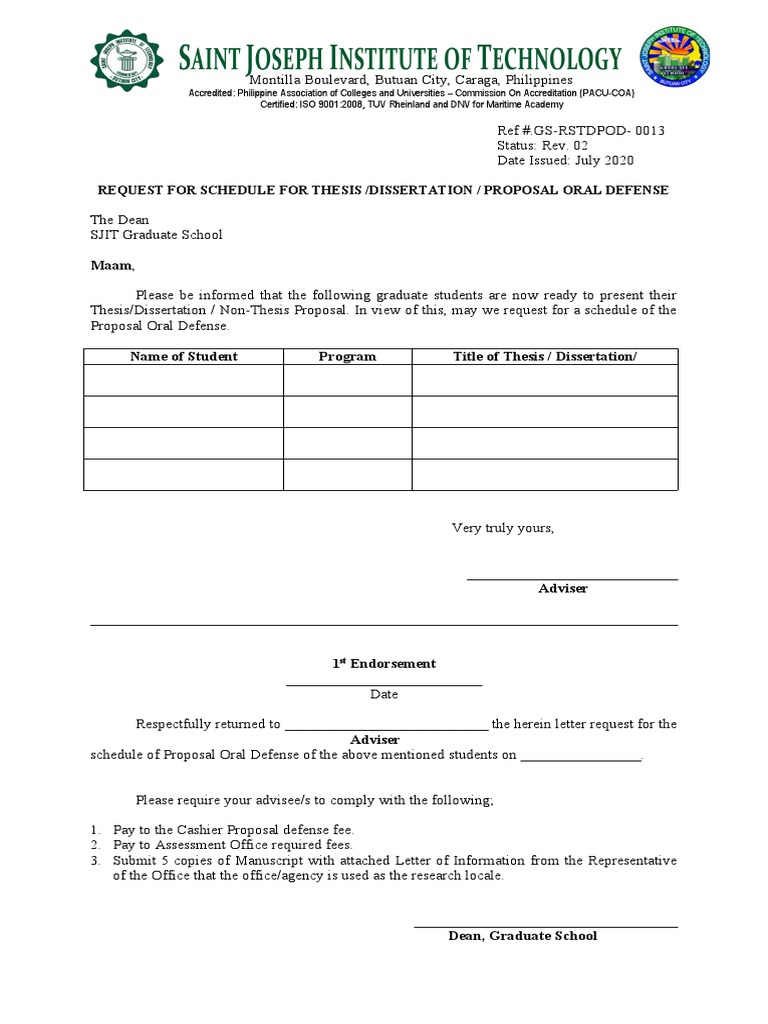 Request For Oral Defense Thesis Dissertation Propossal Final July 2020 ...