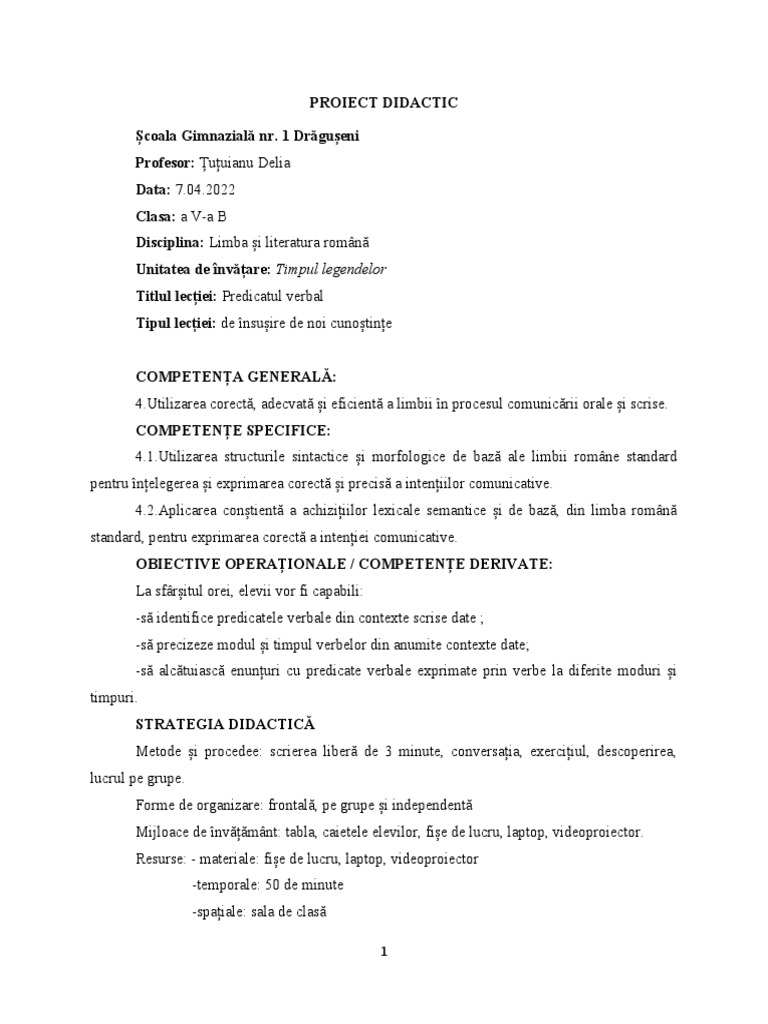 Proiect Didactic VB Predicatul | PDF